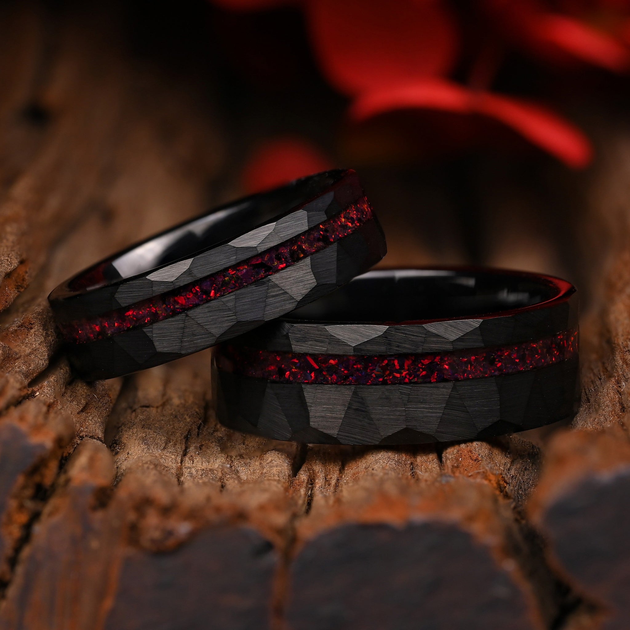 Drachen - Ringe Set - Ringe für Paare | Wolfram und rotem Feueropal