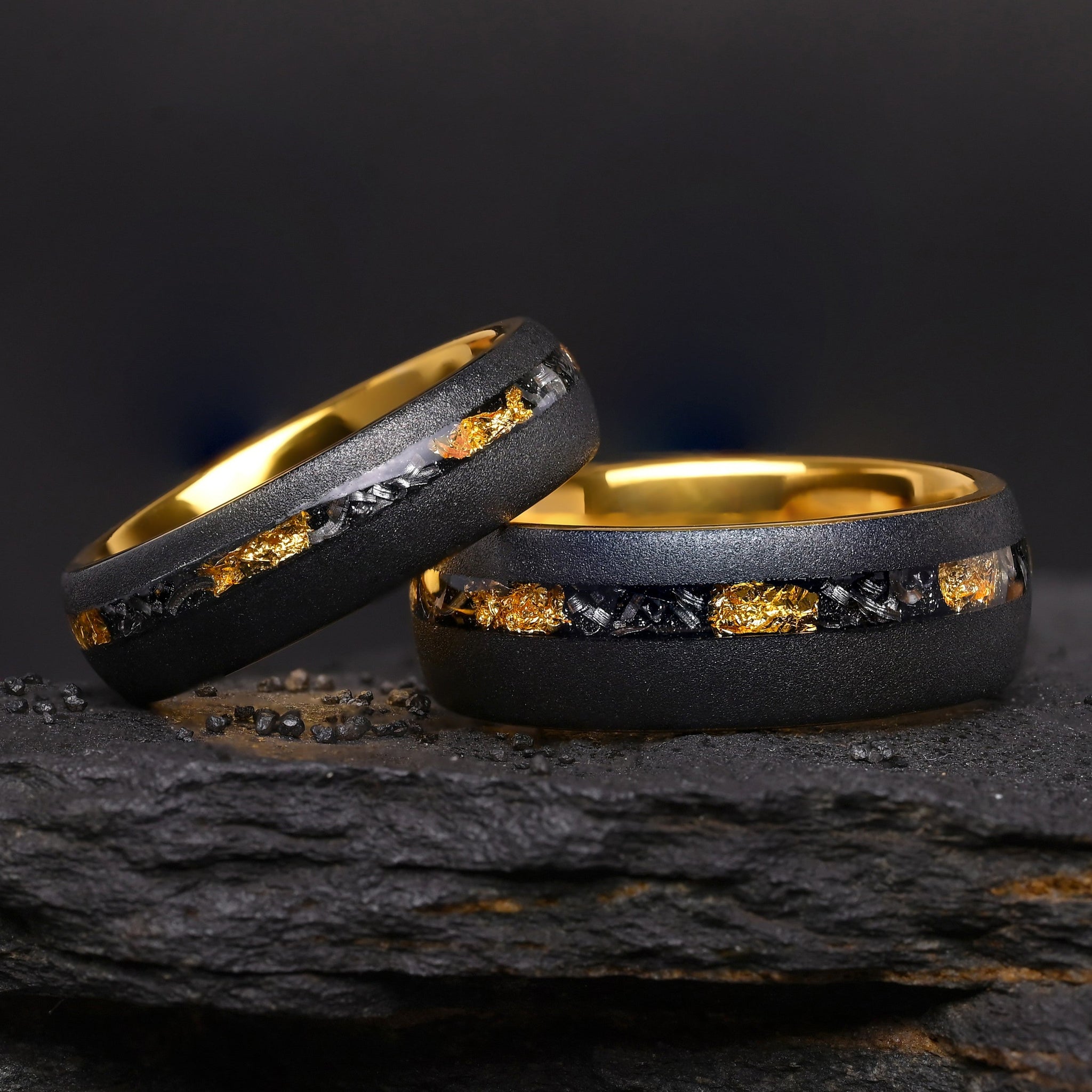 Thor - Ringe Set - Ringe für Paare | Wolfram,24K Blattgold & Meteorit