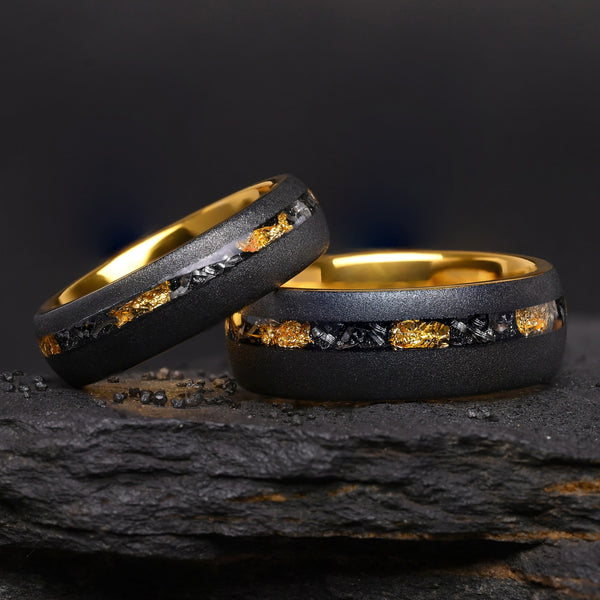 Thor - Ringe Set - Ringe für Paare | Wolfram,24K Blattgold & Meteorit