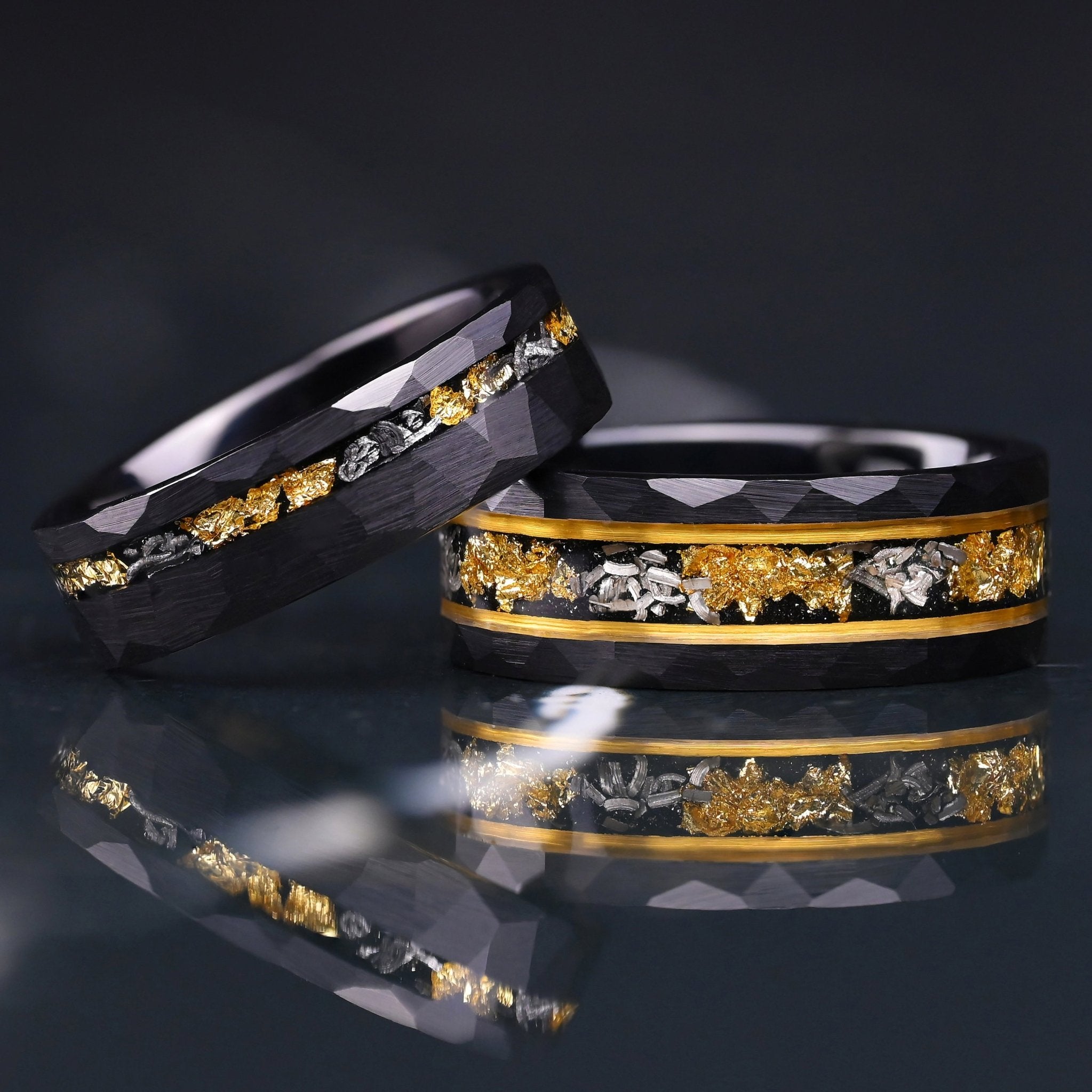 Titan - Ringe Set - Ringe für Paare | Wolfram,24K Blattgold & Meteorit