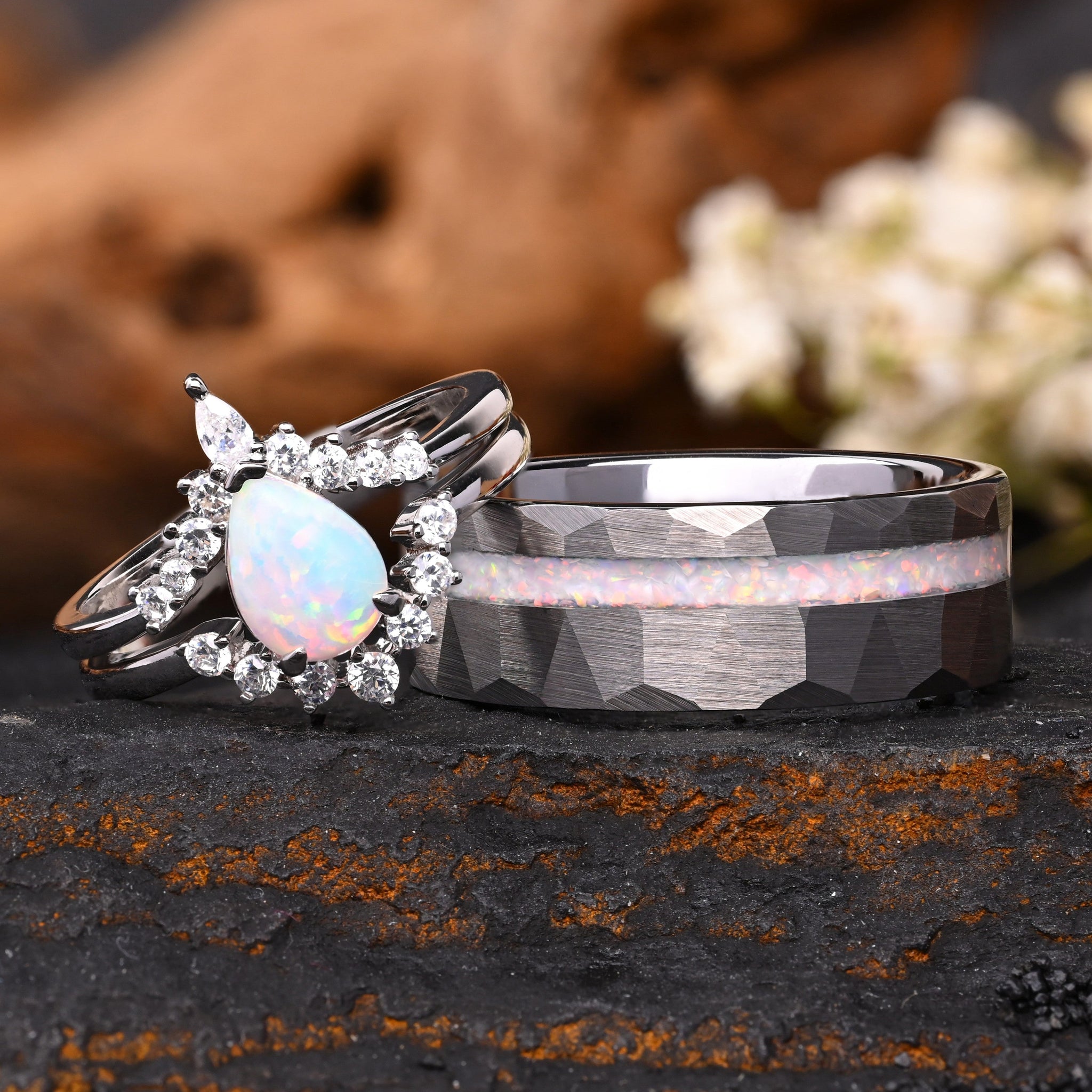 Zenit - Ringe Set - Ringe für Paare | Wolfram, Sterlingsilber, Opal